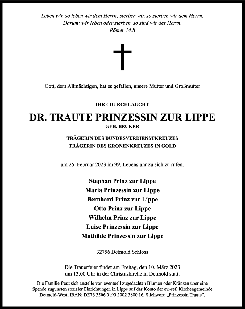 Traute Prinzessin zur Lippe (1925-2023) | Gothanjou
