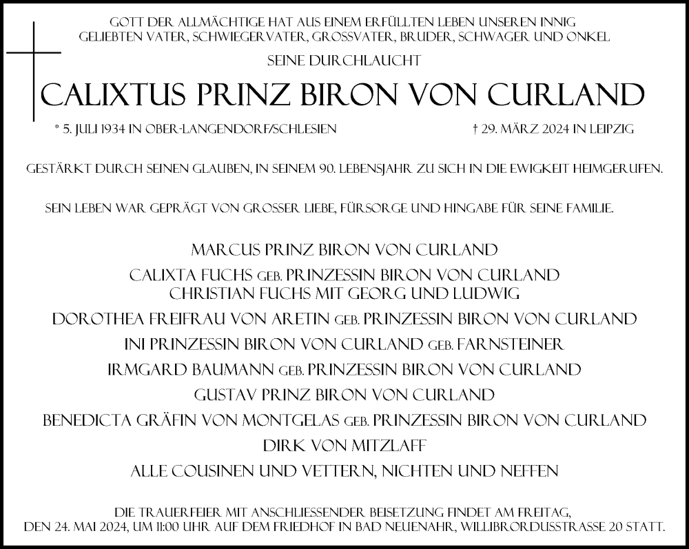 Calixtus, Prinz Biron von Curland (1934-2024) | Gothanjou