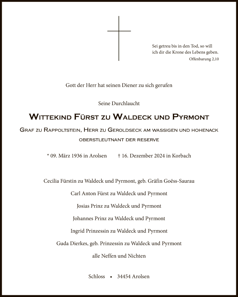Fürst Wittekind zu Waldeck und Pyrmont (1936-2024) | Gothanjou